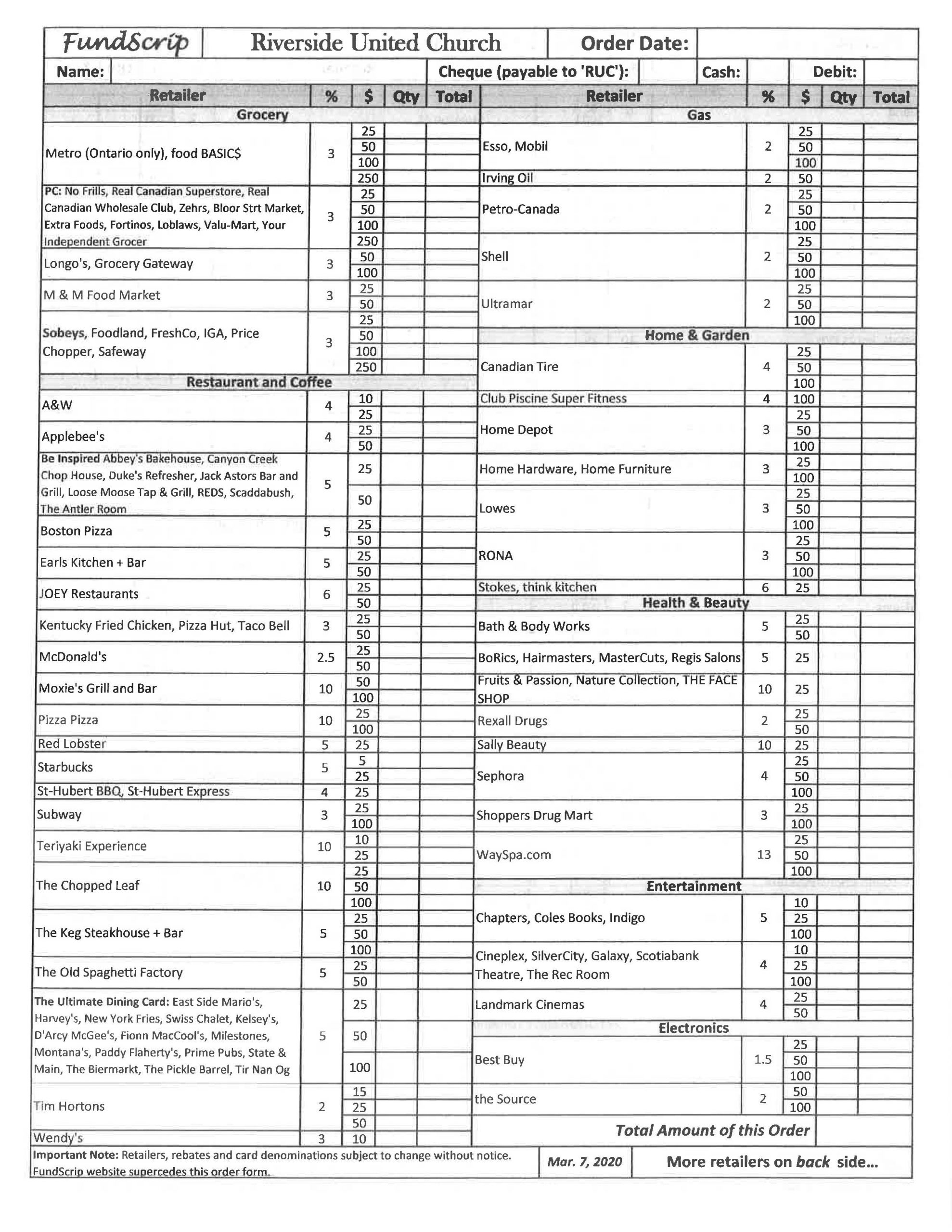 FUNDSCRIP CARDS – Riverside United Church