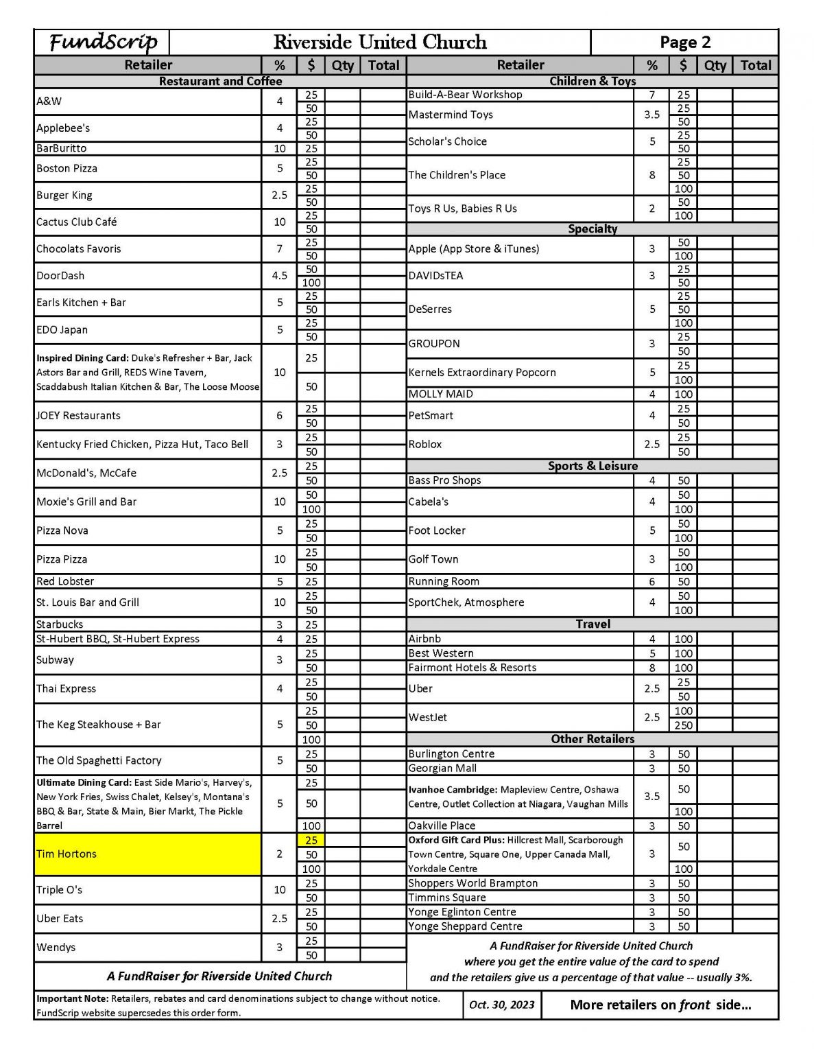 FUNDSCRIP CARDS – Riverside United Church